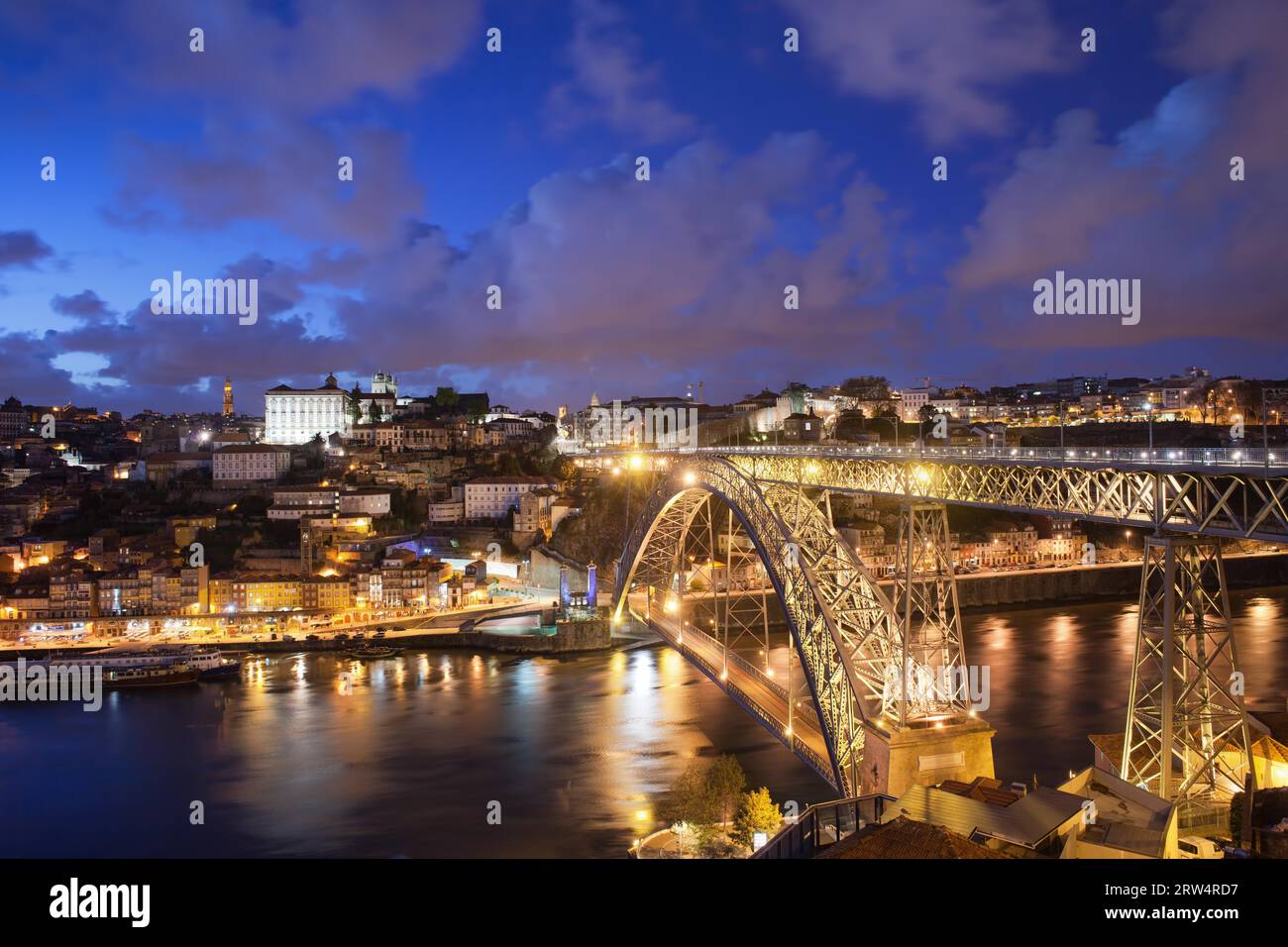 City of Porto by night in Portugal, the Old Town and Ponte Dom Luiz I ...