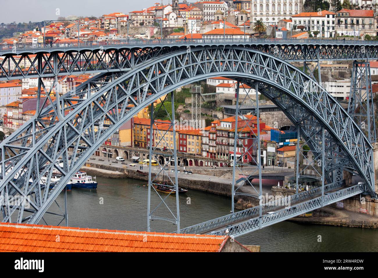 City of Porto in Portugal. Ponte Luiz I Bridge over Douro river and ...