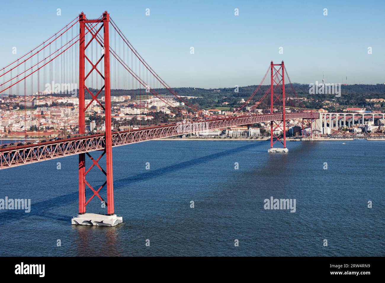 25 de Abril Bridge over the Tagus river, connecting Almada and Lisbon ...