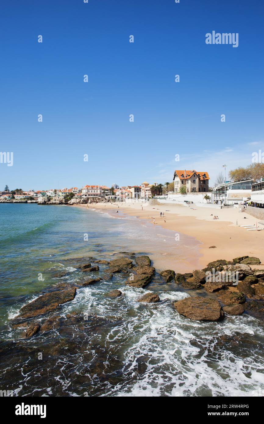 Portugal, Cascais, beach in resort coastal town by the Atlantic Ocean ...