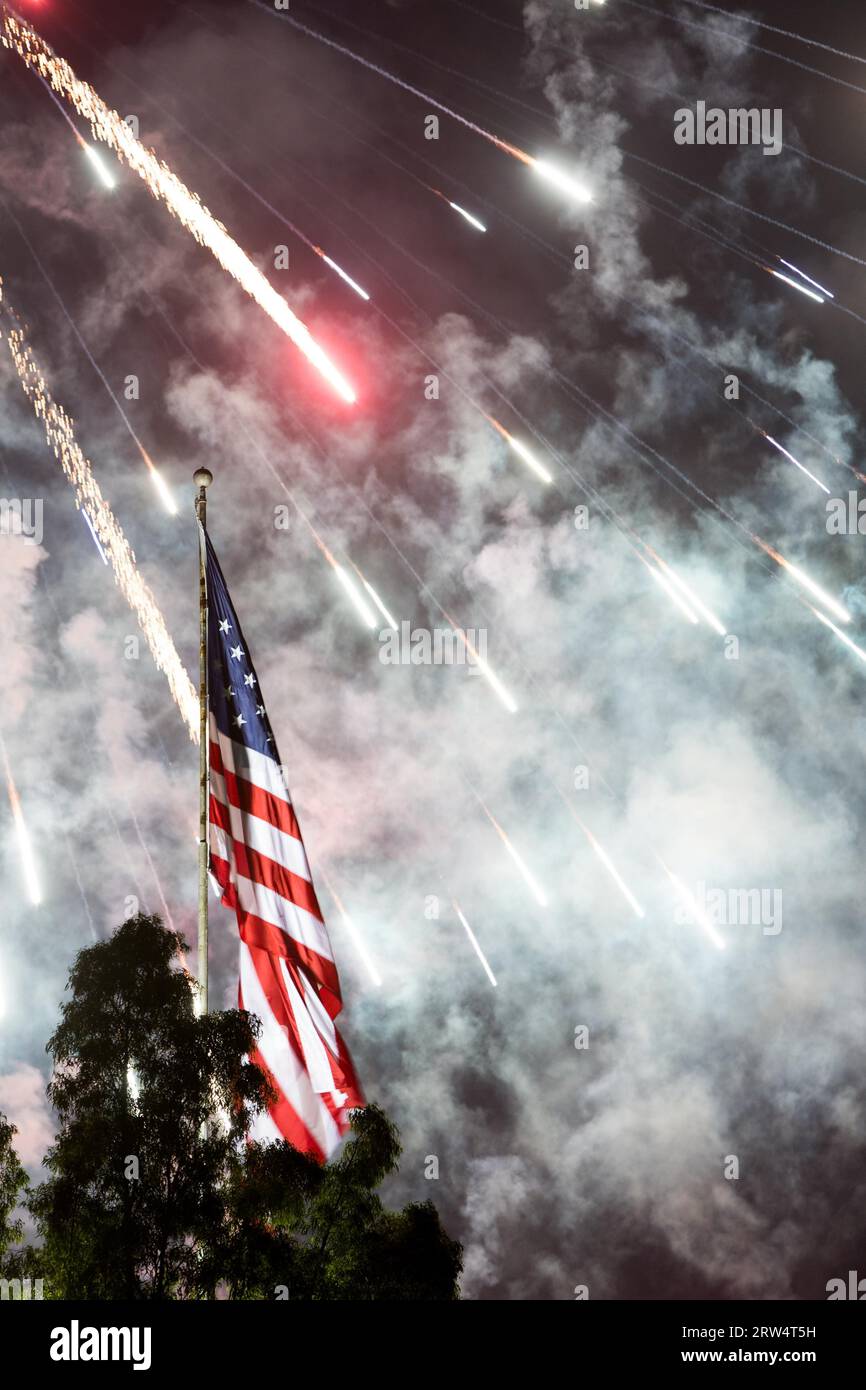 A bright, loud fireworks display on the 4th of July for Independance ...