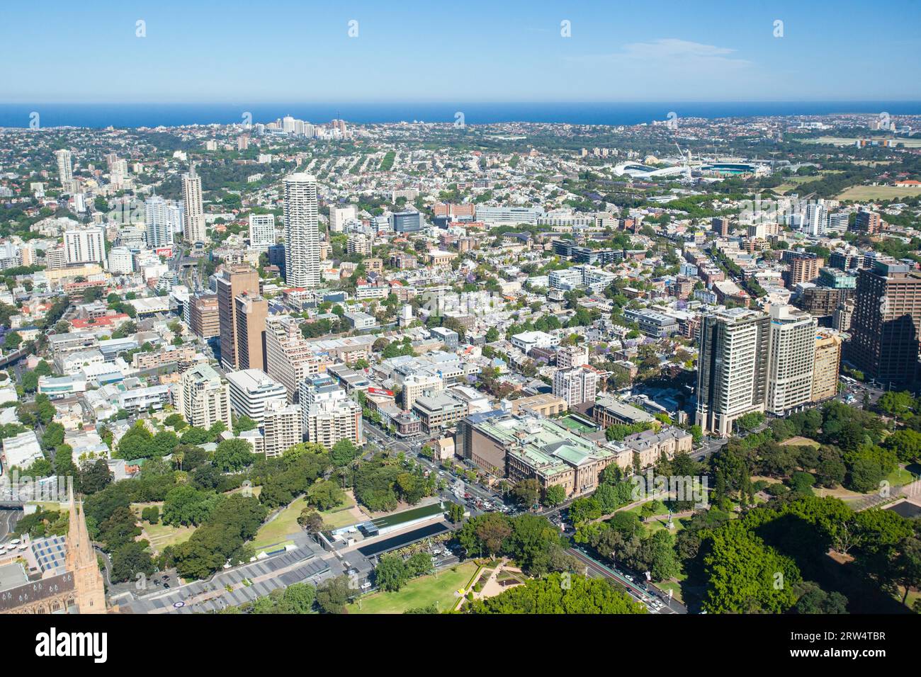 A clear sunny day in Sydney, looking east towards Allianz Arena and the ...