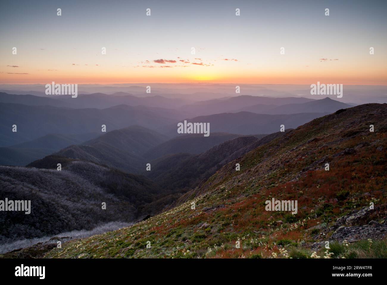 The view at sunset from the summit of Mt Buller towards Mansfield in ...