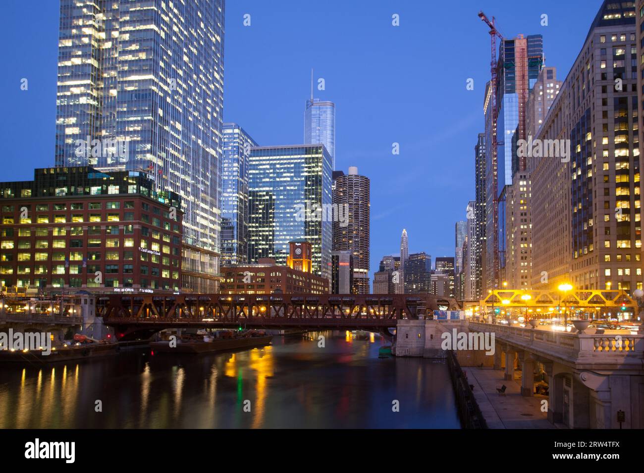 Chicago River at Dusk looking along Lower Wacker Drive in Illinois, USA ...