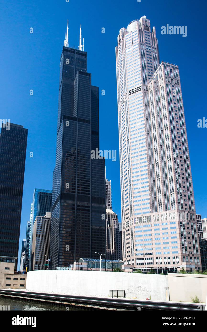 The famous Willis Tower in Chicago, formerly known as Sears Tower, on a hot summer's day in ...