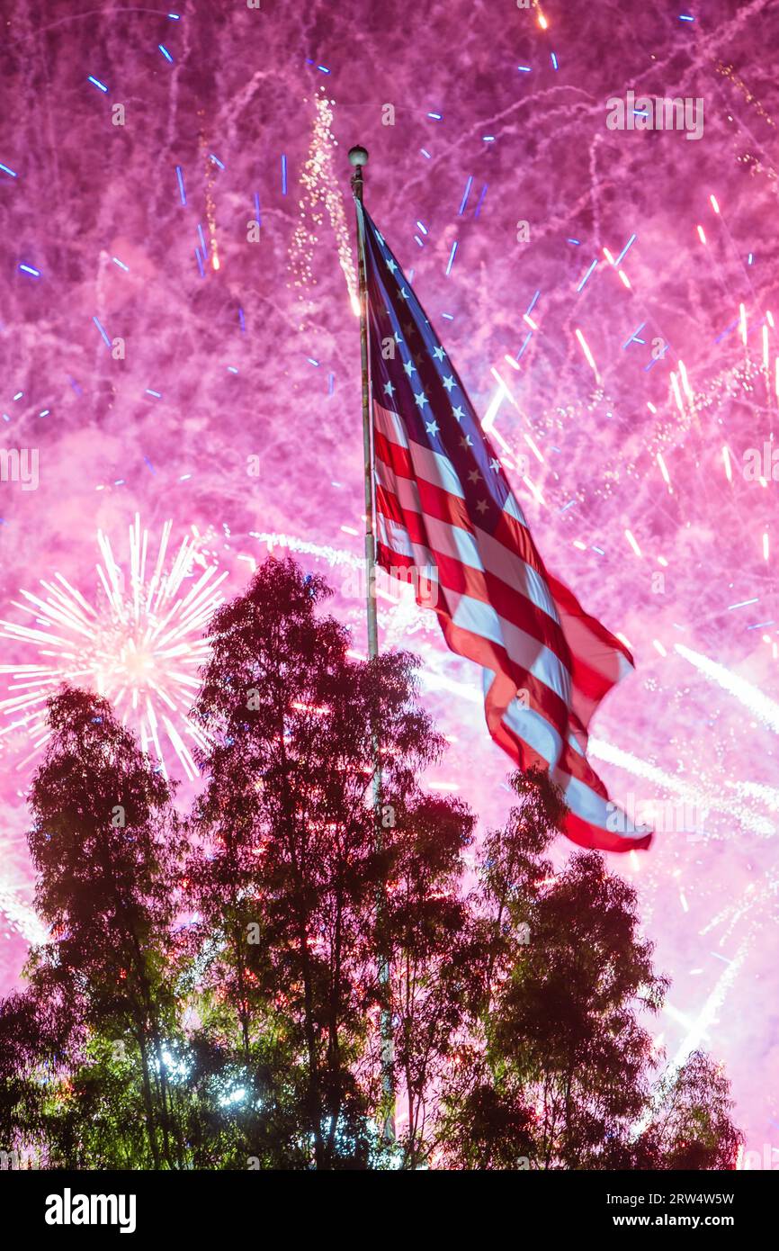 A bright, loud fireworks display on the 4th of July for Independance ...