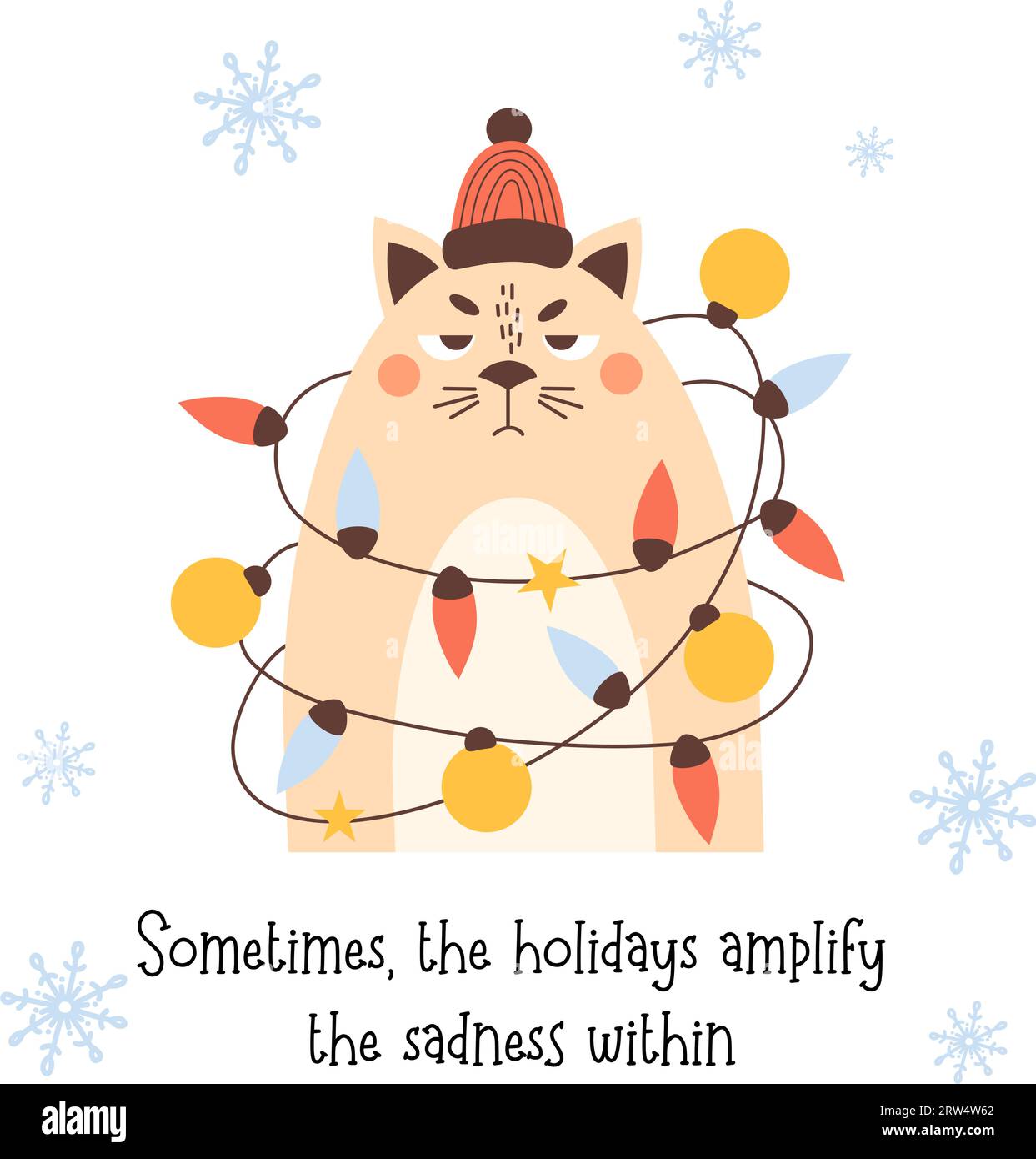 Funny sad winter cat in Christmas garland with balls toys snowflakes ...