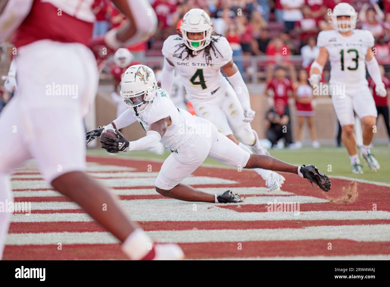 Sacramento State cornerback Caleb Nelson (1) intercepts a Stanford pass ...