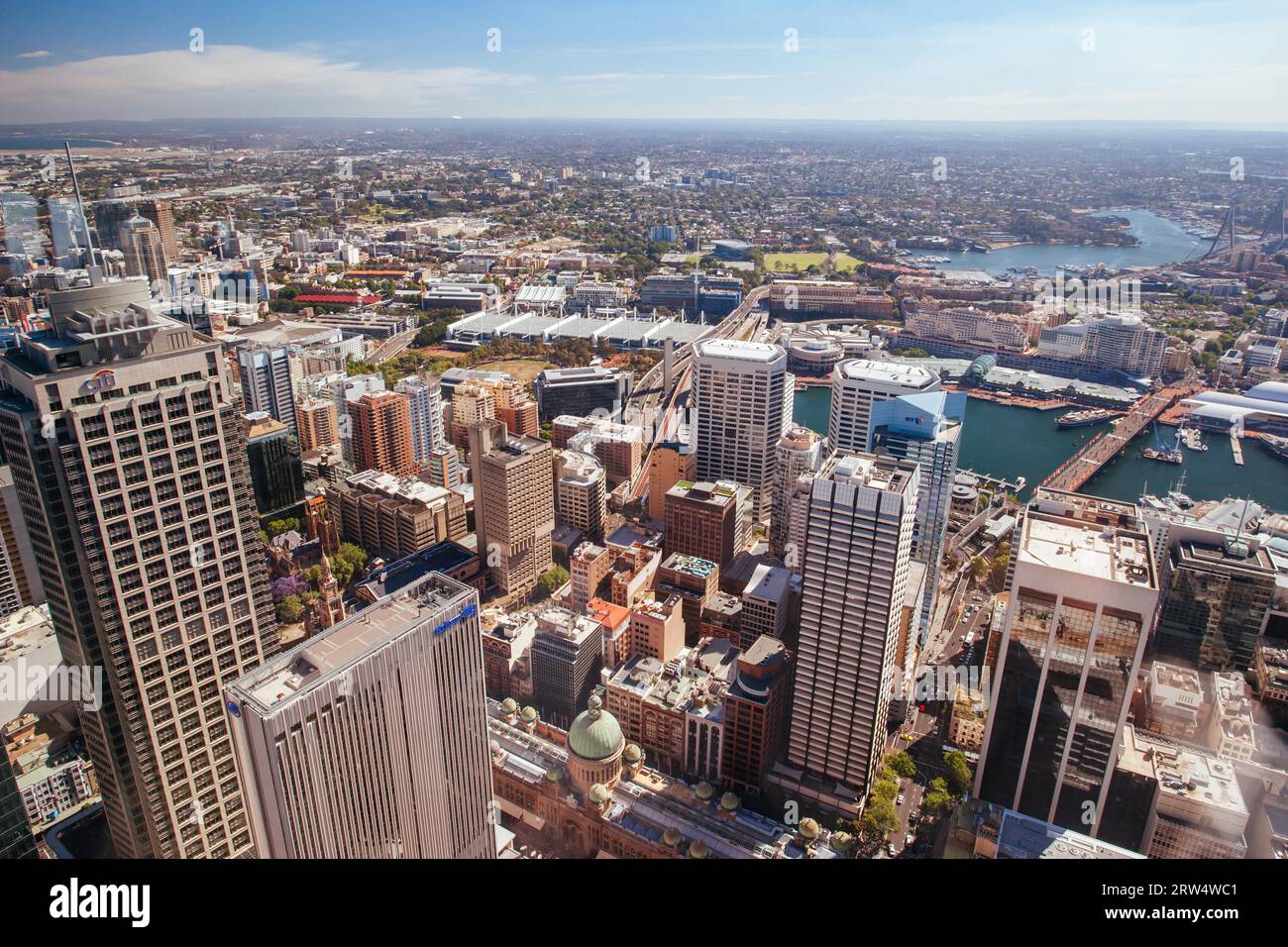 An aerial view of Darling Harbour on a clear sunny day in Sydney, NSW ...