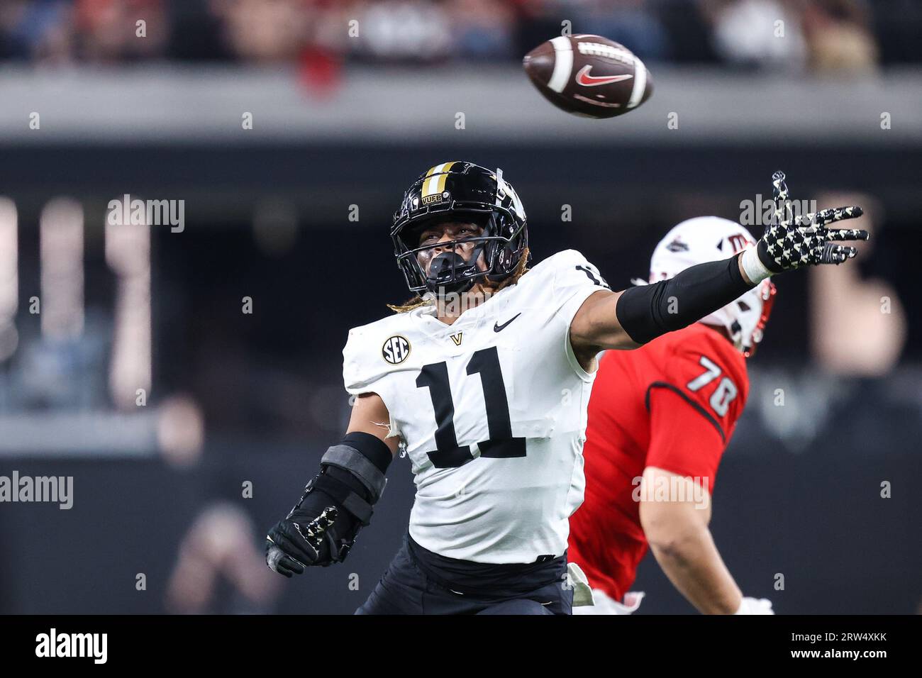 Las Vegas, NV, USA. 16th Sep, 2023. Vanderbilt Commodores defensive end Darren Agu (11) tries to ...