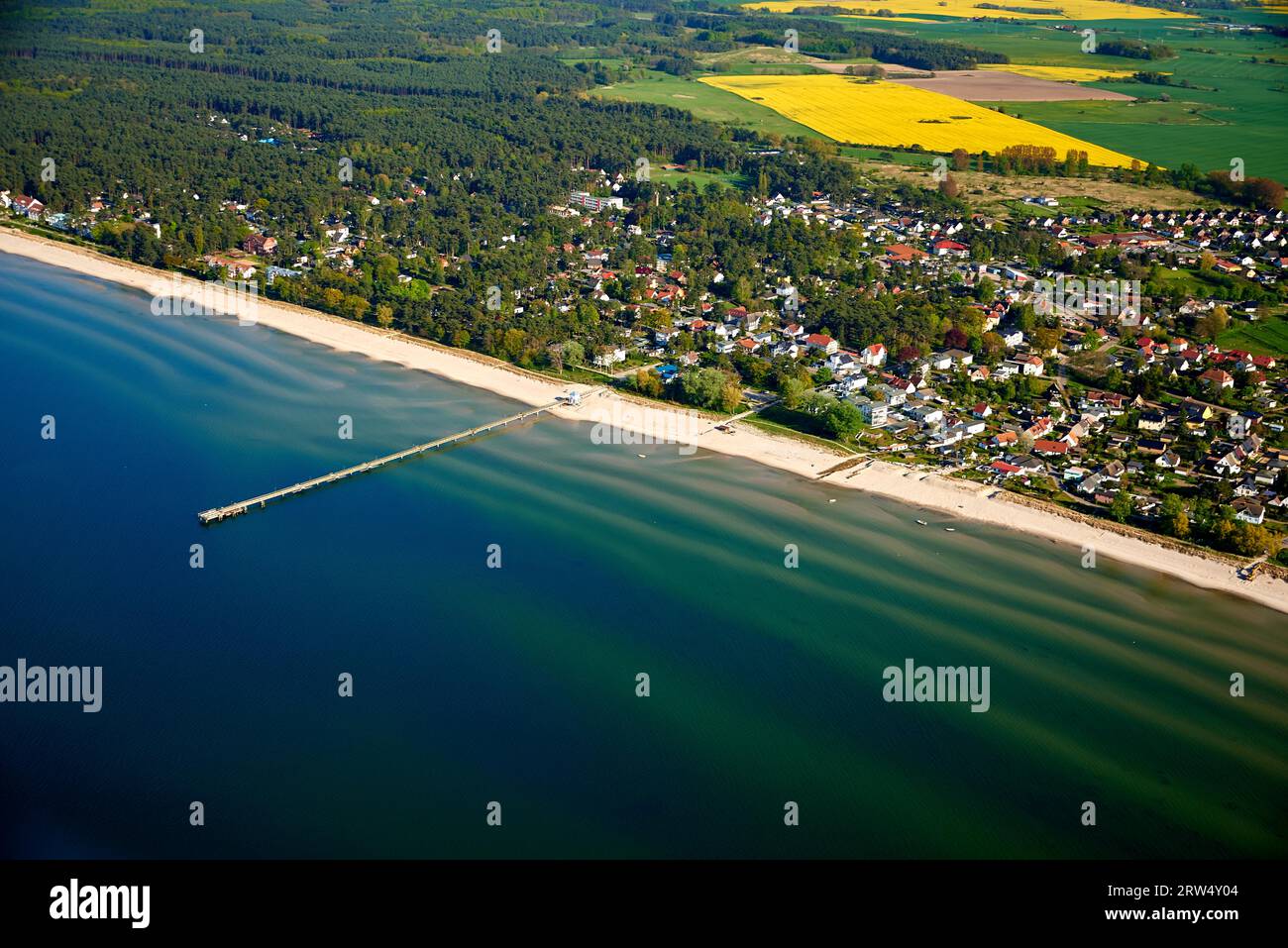 Aerial view of the Lubmin seaside resort with a pier in the ...