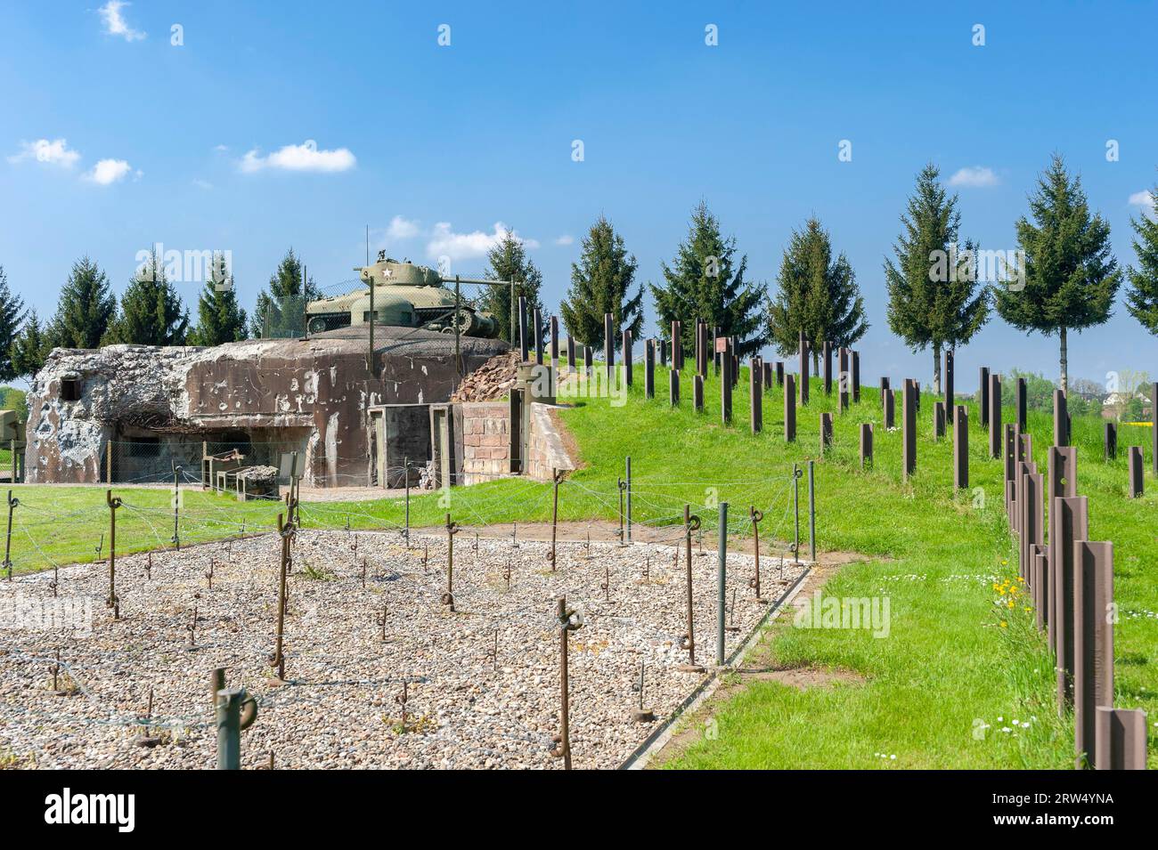 Esch casemate with anti-tank rails and M4 Sherman tank as part of the ...