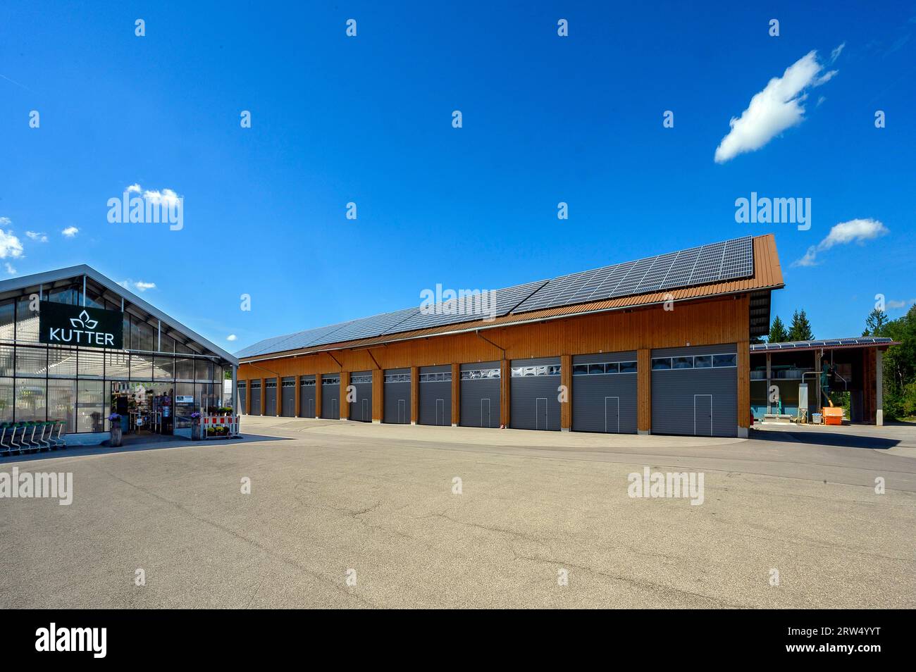 Garden centre and large warehouses with solar modules, Allgaeu, Bavaria ...
