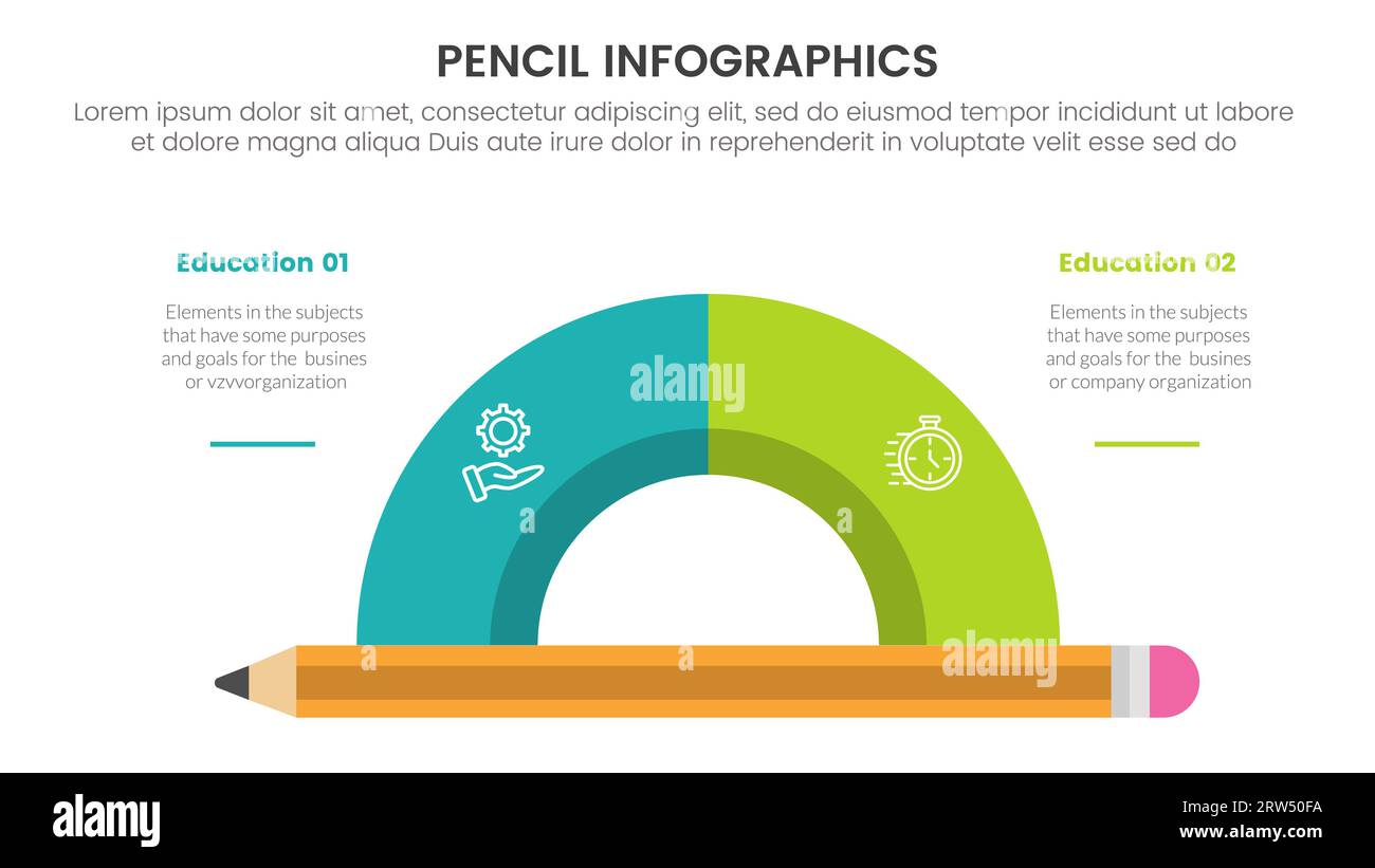 pencil education infographic 2 point stage template with half circle on ...