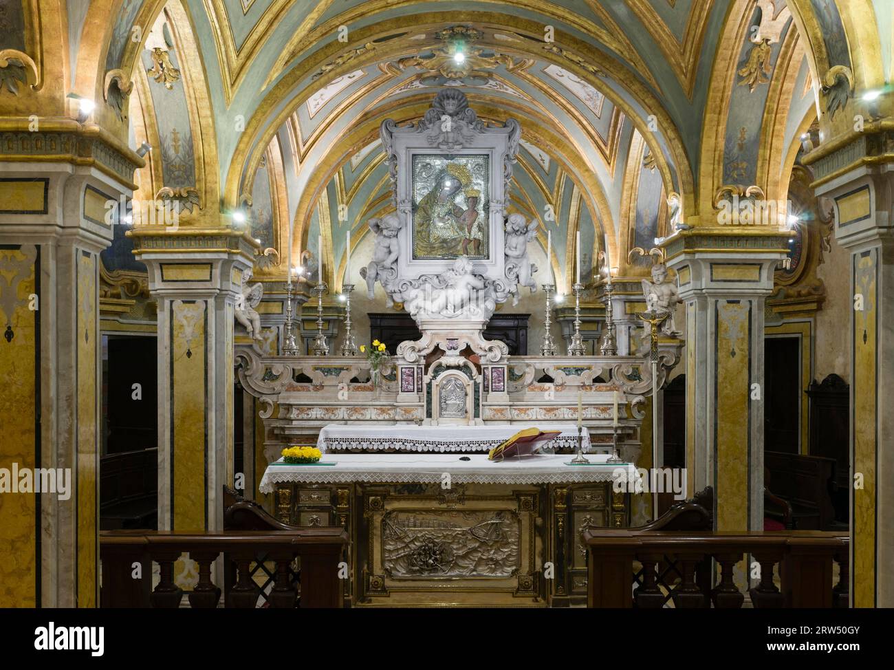 Baroque crypt, shrine with bones, Saint Sabinus, icon, Madonna ...