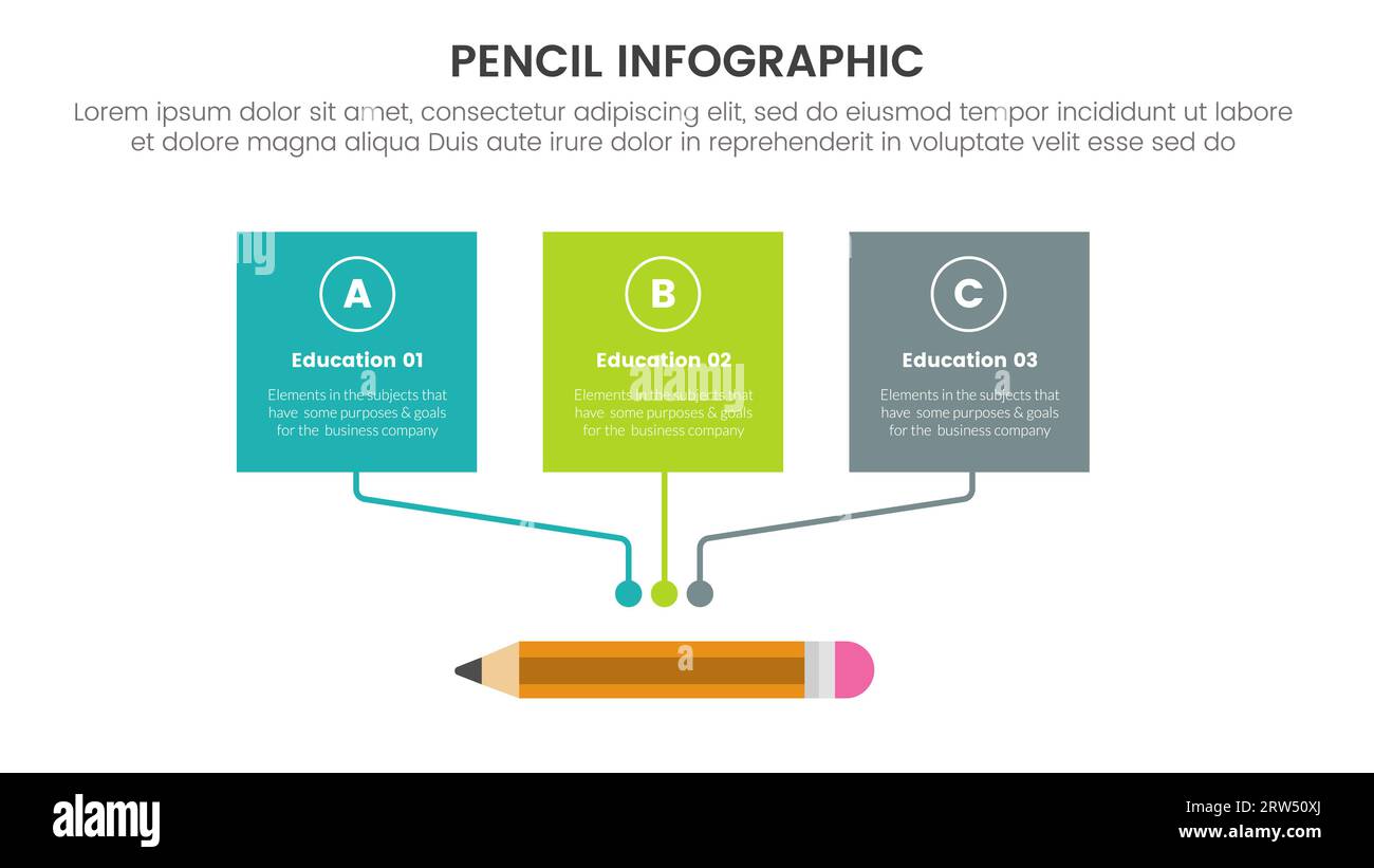pencil education infographic 3 point stage template with box linked to ...