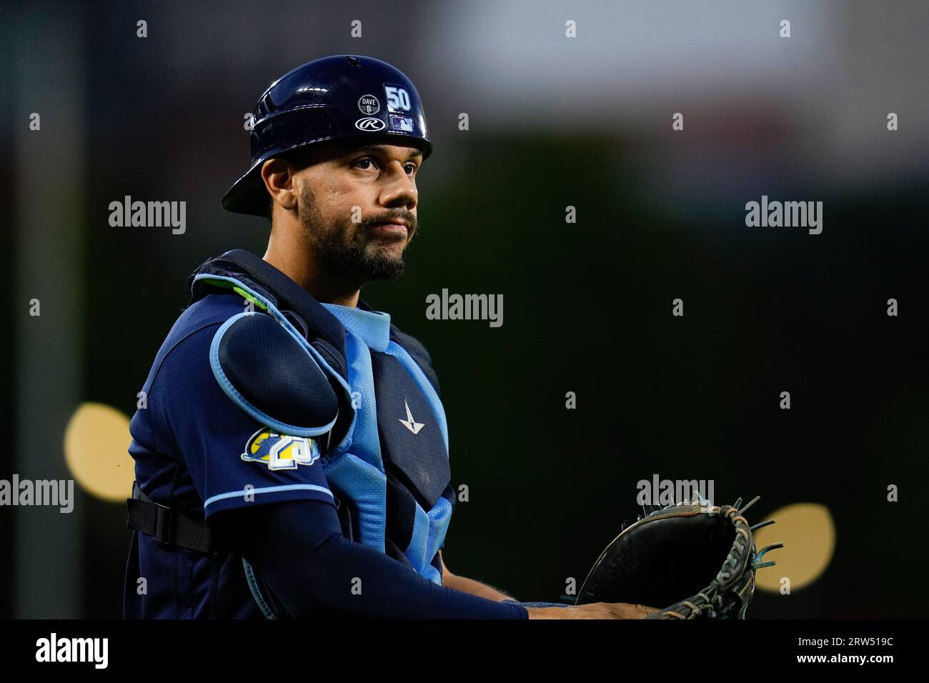 Tampa Bay Rays catcher Rene Pinto looks on in the first inning of a ...