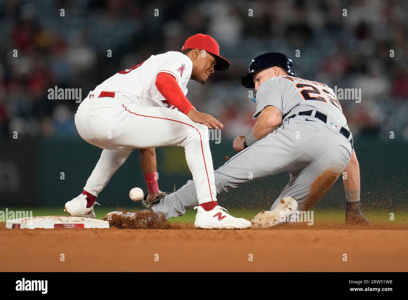 Detroit Tigers' Parker Meadows (22) steals second base as Los Angeles ...