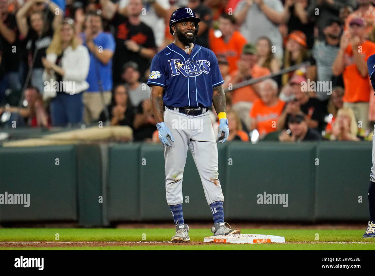 Tampa Bay Rays' Randy Arozarena stands at first base in the ninth ...
