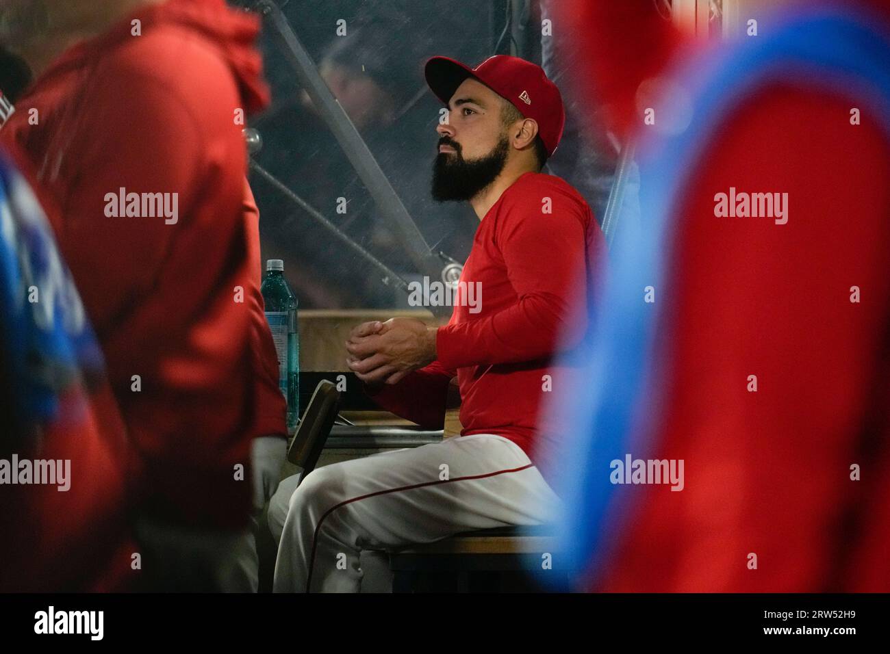 Los Angeles Angels' Anthony Rendon sits in the dugout during a baseball ...