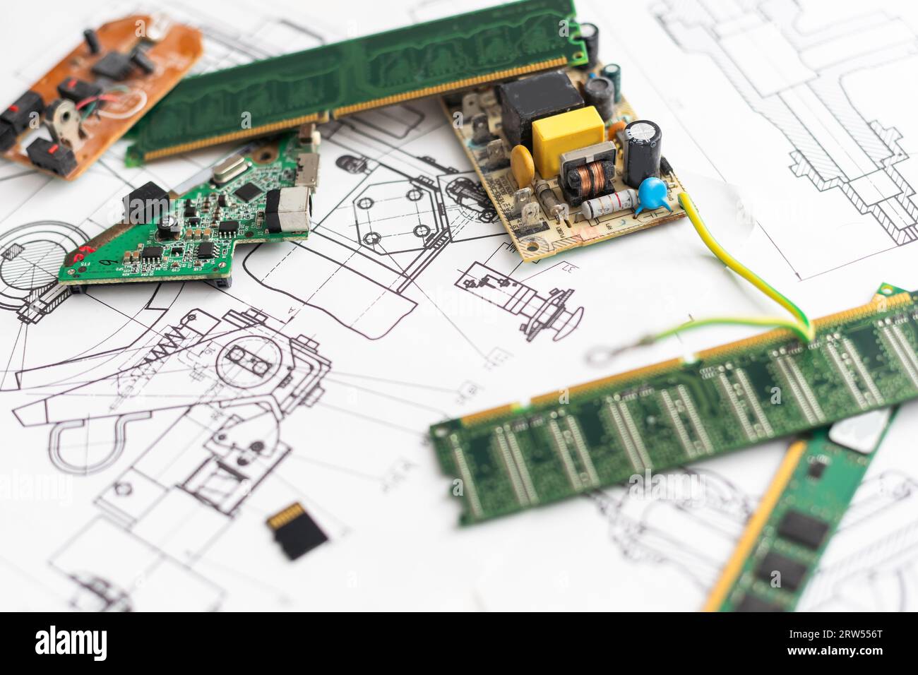 Electronic circuit boards on the background of electronic scheme Stock ...
