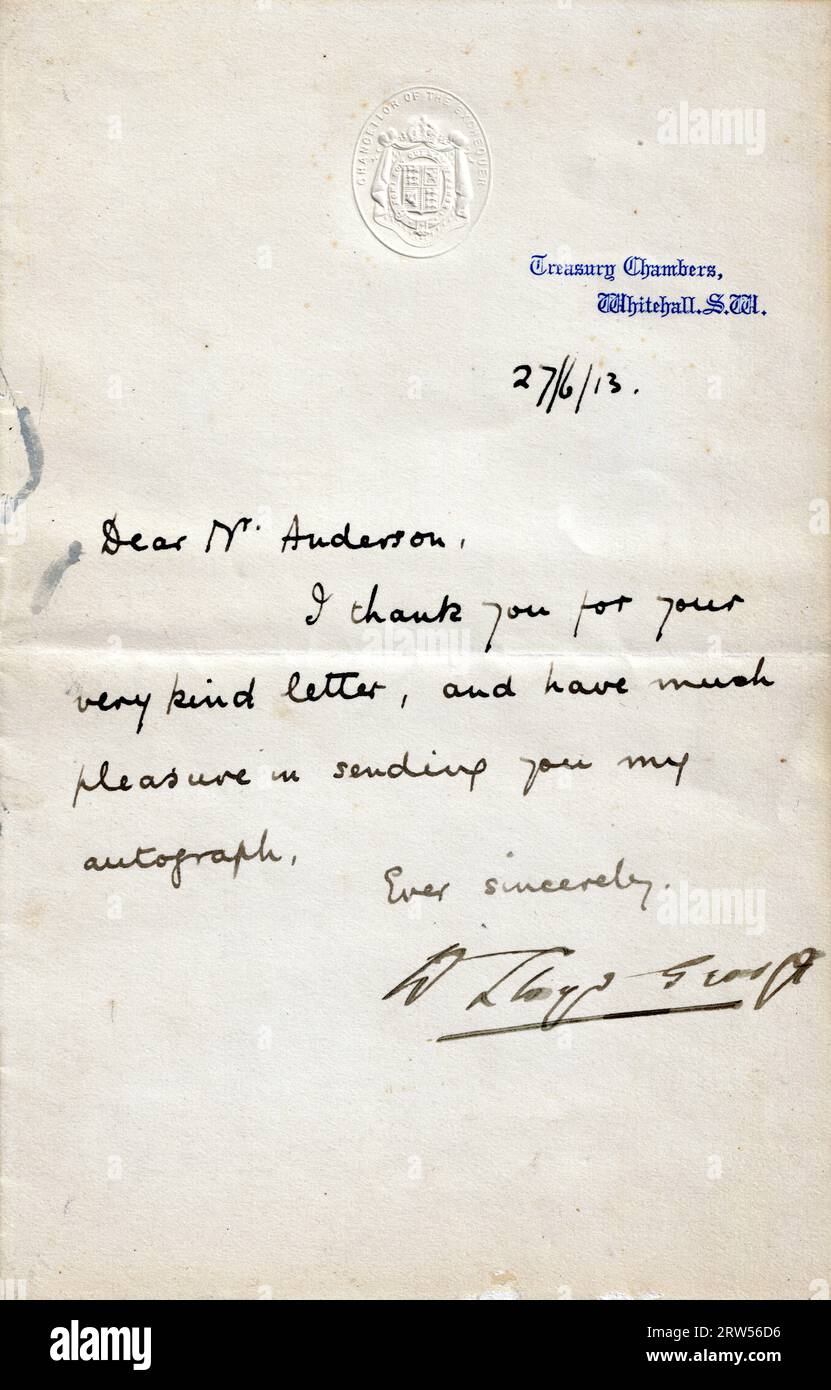 David Lloyd George, British Prime Minister, signed letter 27/06/1913 ...