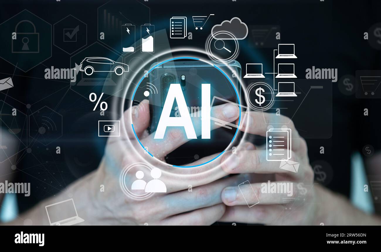 Double exposure of man's hand holding and using a digital device and ...