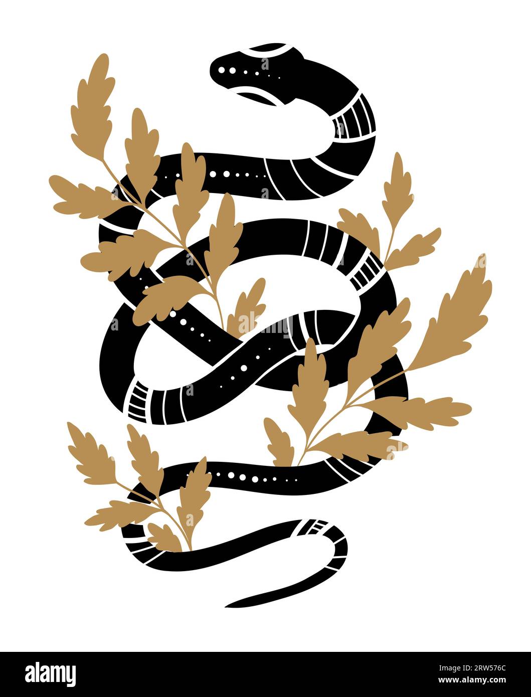Luxurious illustration of a decorative swirled snake with stems and ...