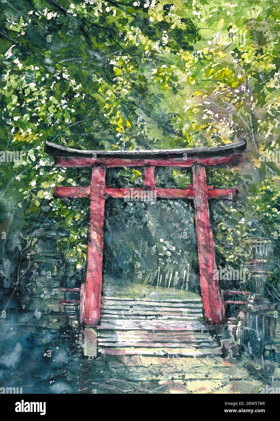 Asian Wooden Gate in Forest Hand drawn Watercolor Painting Artist Piya ...