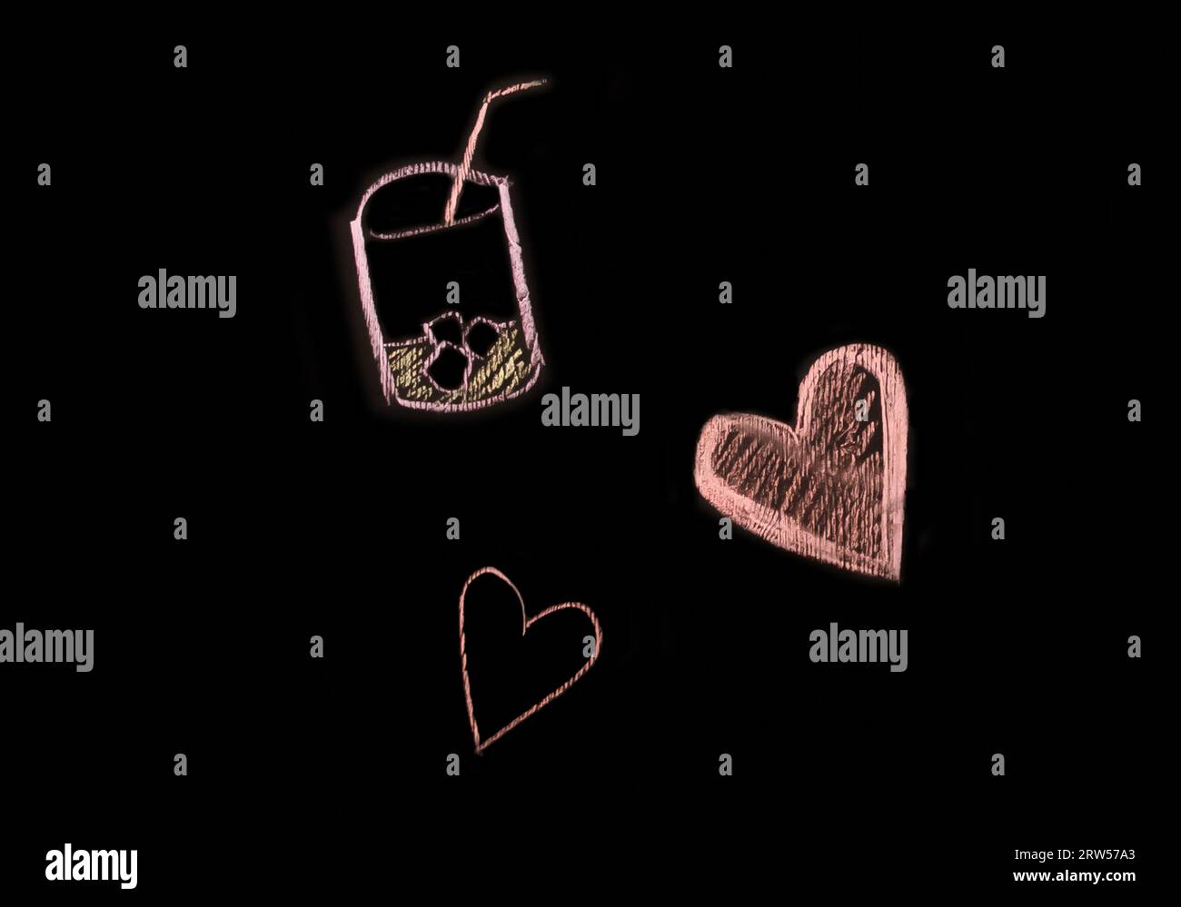 Painted objects with colored crayon shape a heart and a cocktail in a ...
