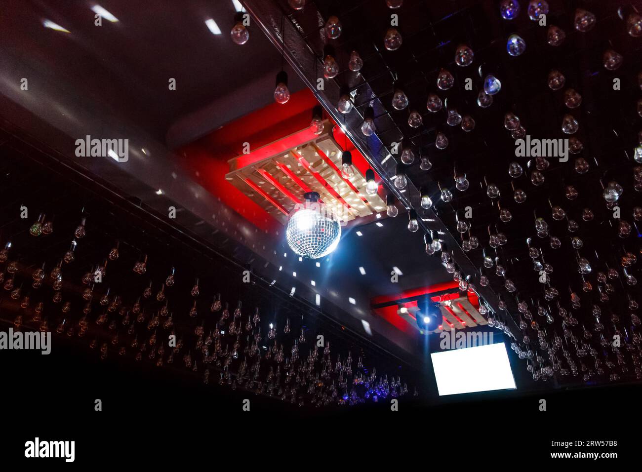 Interior, ceiling, nightclub and nightlife atmosphere, disco, shiny ...