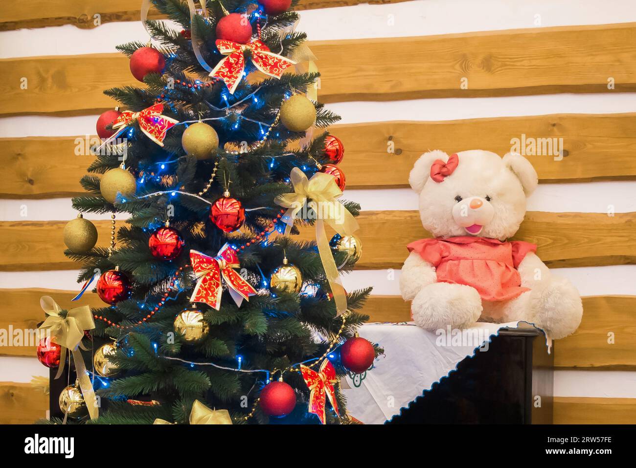 New Year's Christmas holiday green tree decorated toys balloons ribbons ...