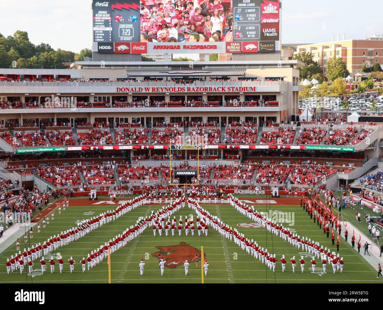 September 16, 2023: Members of the Razorback marching band form the ...