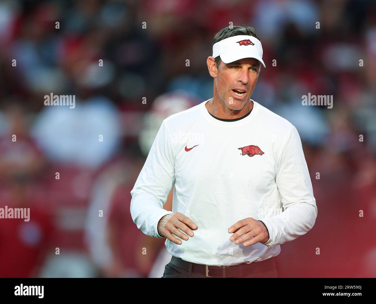 September 16, 2023: Arkansas offensive coordinator Dan Enos speaks with ...
