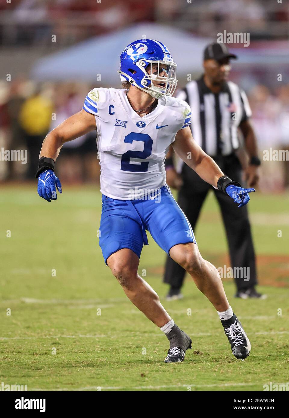 September 16, 2023: Ben Bywater #2 BYU linebacker back peddles as the ...