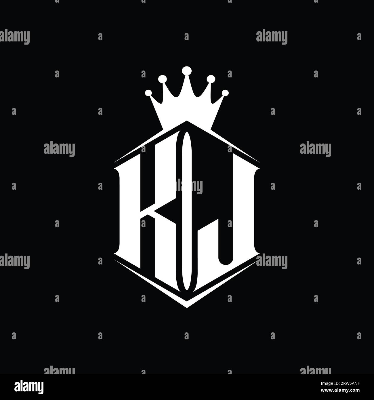 KJ Letter Logo monogram hexagon shield shape crown with sharp style ...