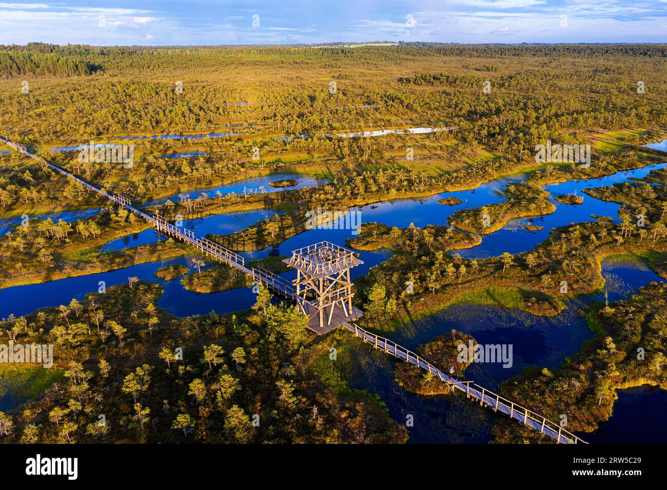 Aerial view of a watchtower on spectacular Mannikjarve bog hiking trail ...