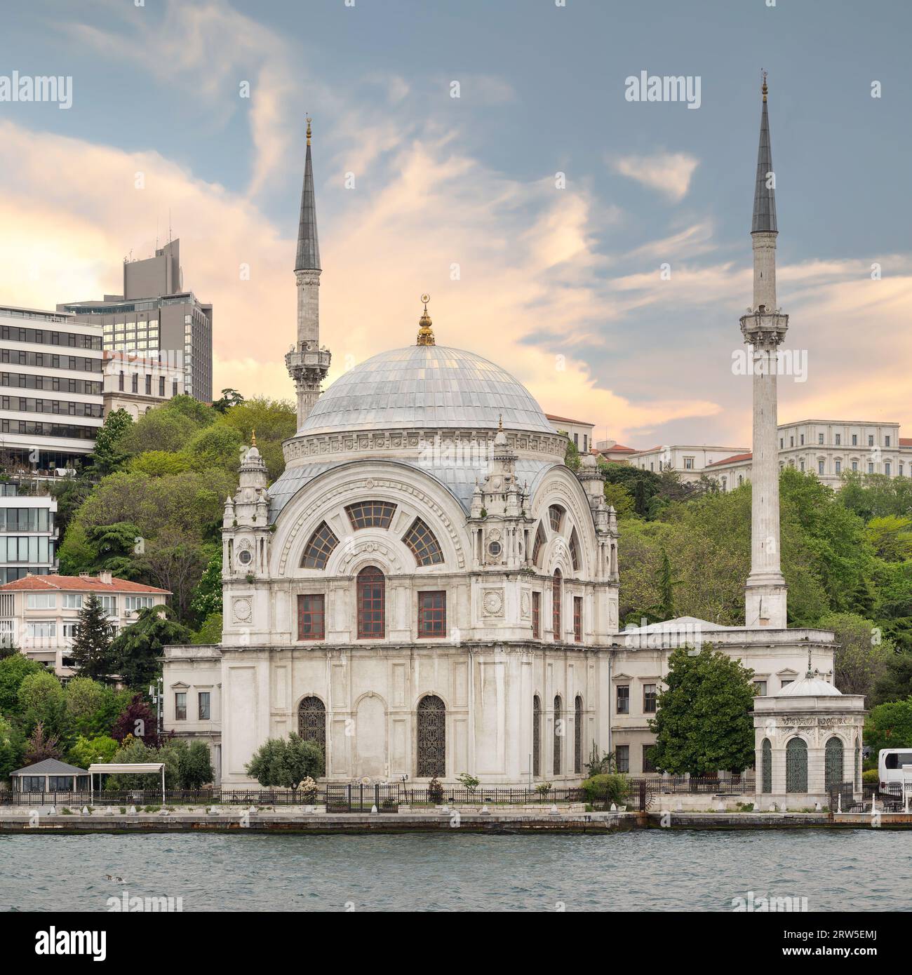 View from Bosphorus strait of Baroque style Dolmabahce Mosque, suited ...