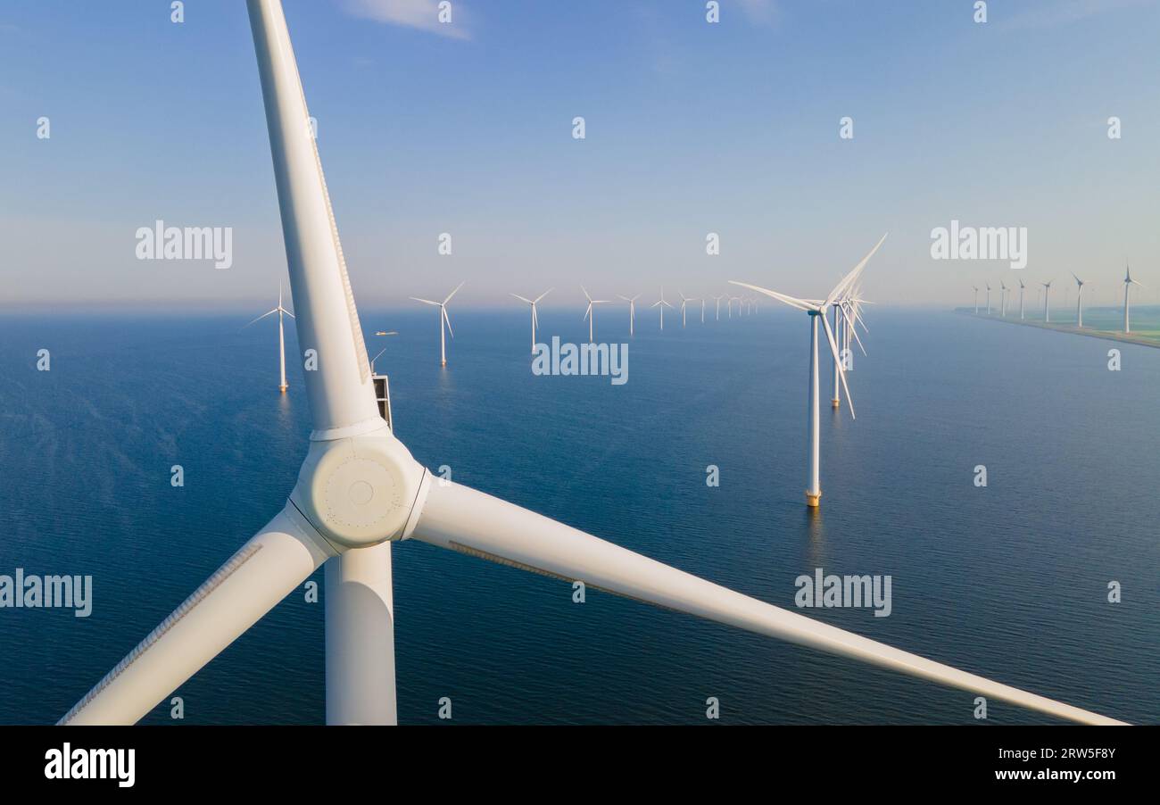 Aerial view of offshore wind farm with wind turbines on the North Sea ...