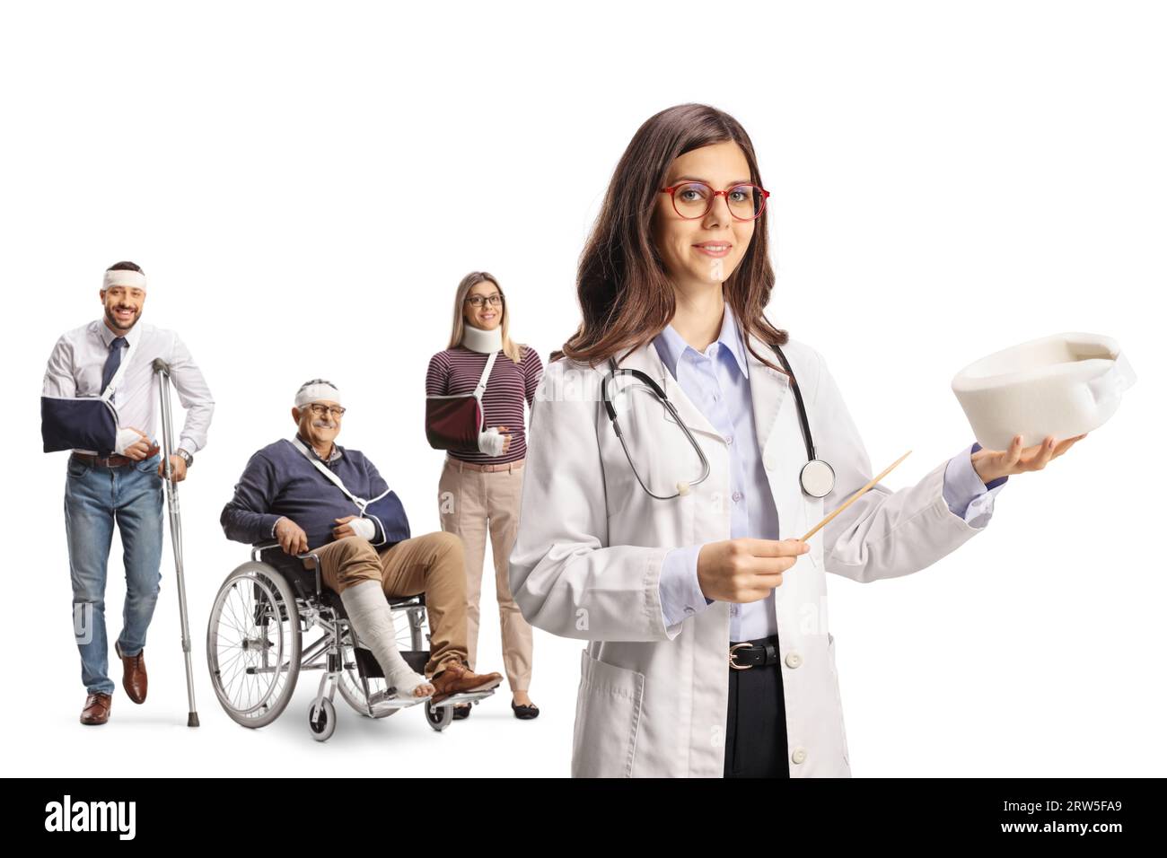 Female orthopedic doctor with a neck brace and a group of injured ...