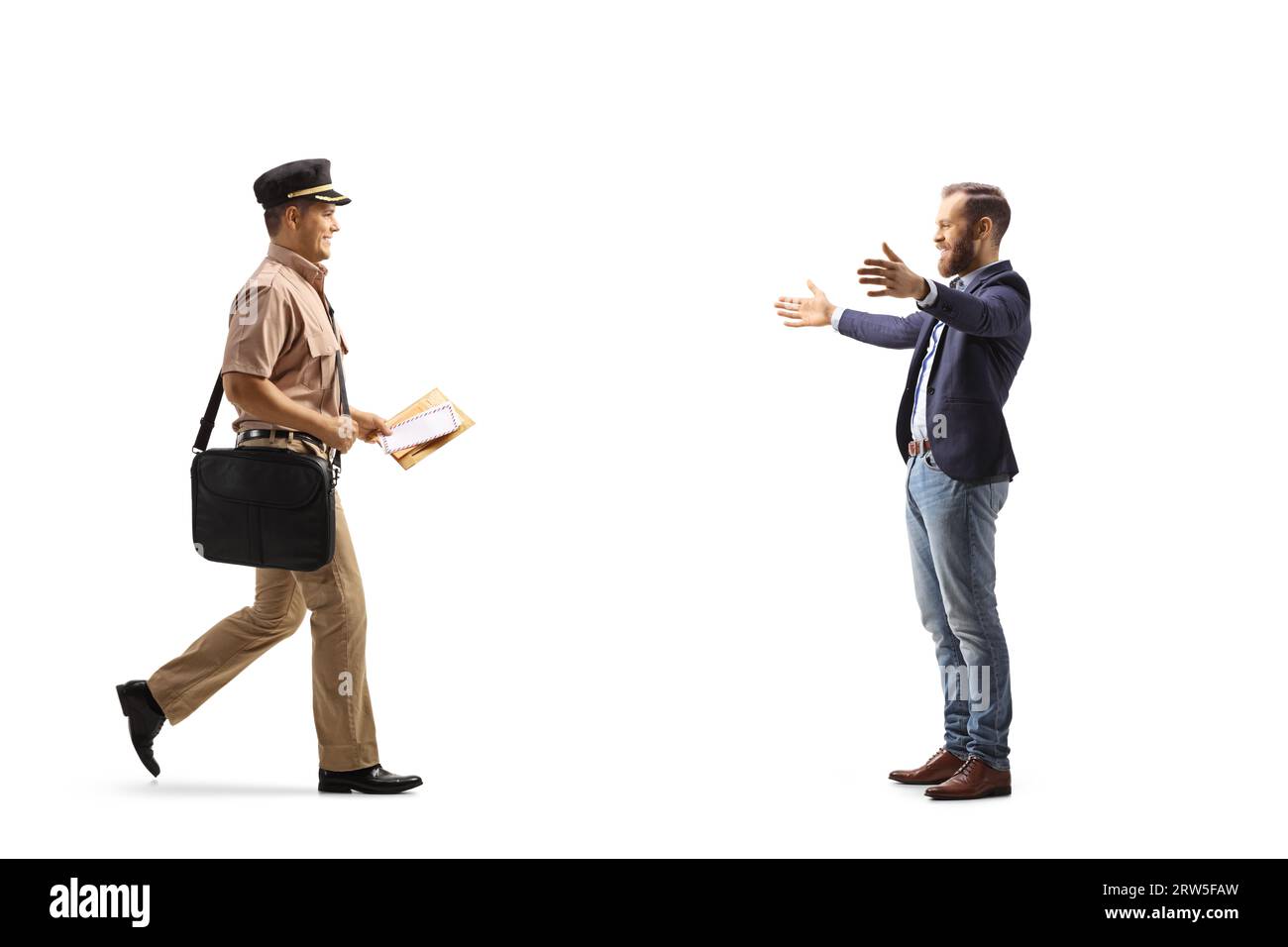 Man waiting a postman with arms wide open isolated on white background ...
