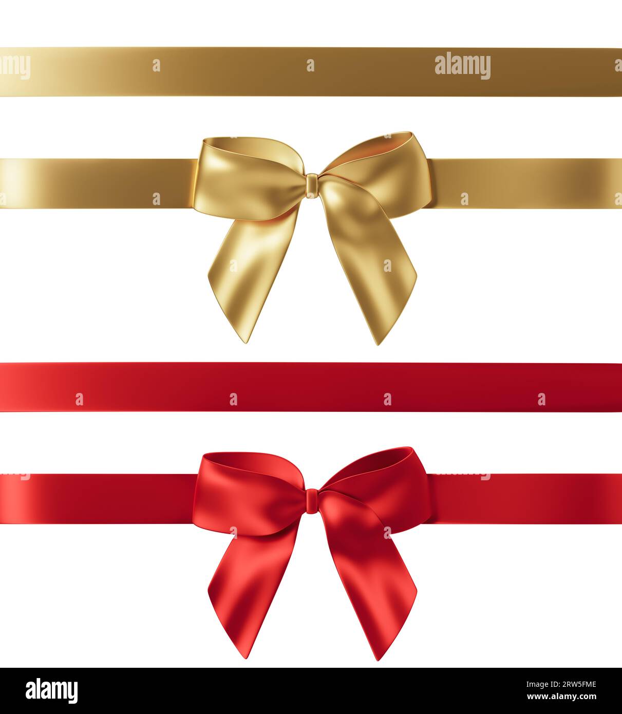Two golden and red ribbons and bows isolated on white background ...