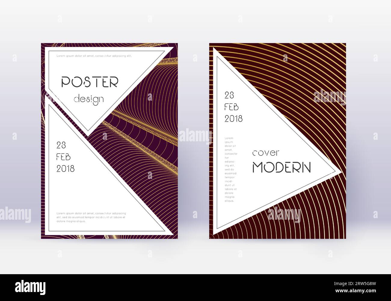 Stylish cover design template set. Gold abstract lines on maroon ...