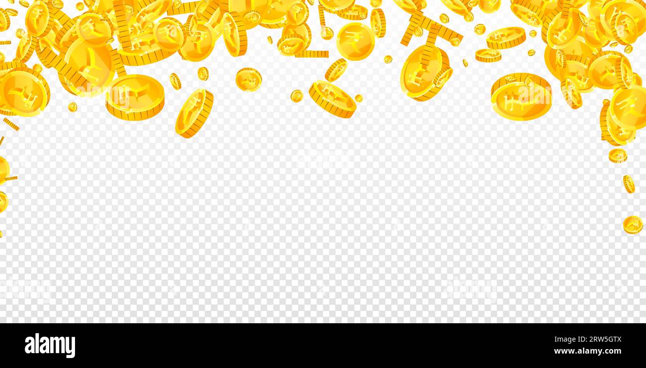 Indian rupee coins falling. Scattered gold INR coins. India money ...