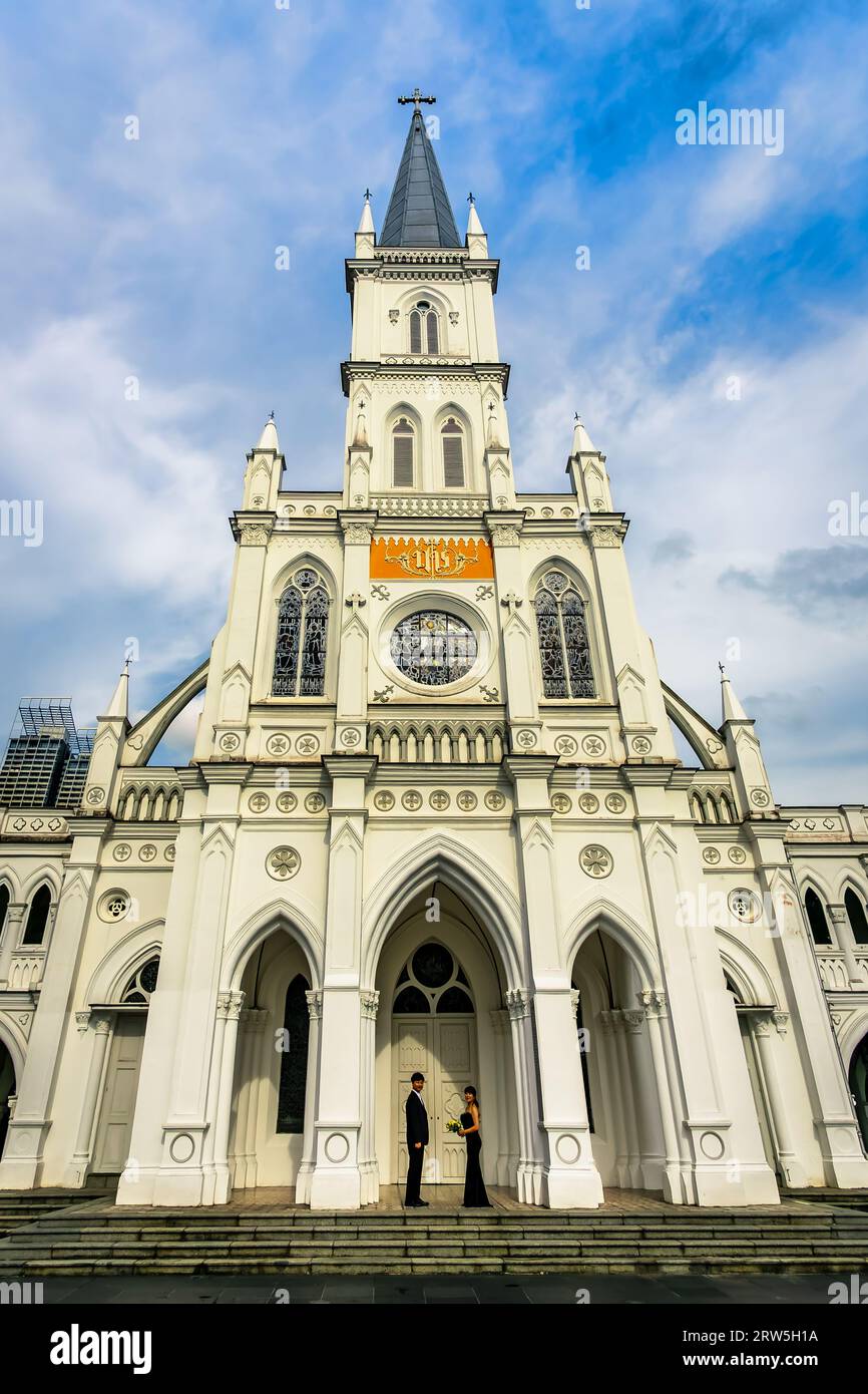 Colonial building of old catholic church in downtown of Singapore ...