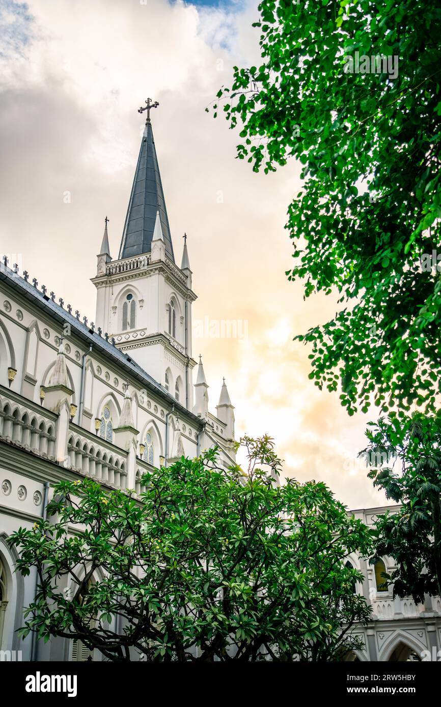 Colonial building of old catholic church in downtown of Singapore ...