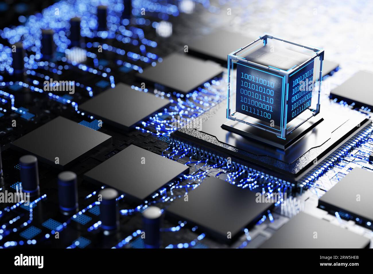 New microprocessor. Memory chips and central processor on an electronic ...