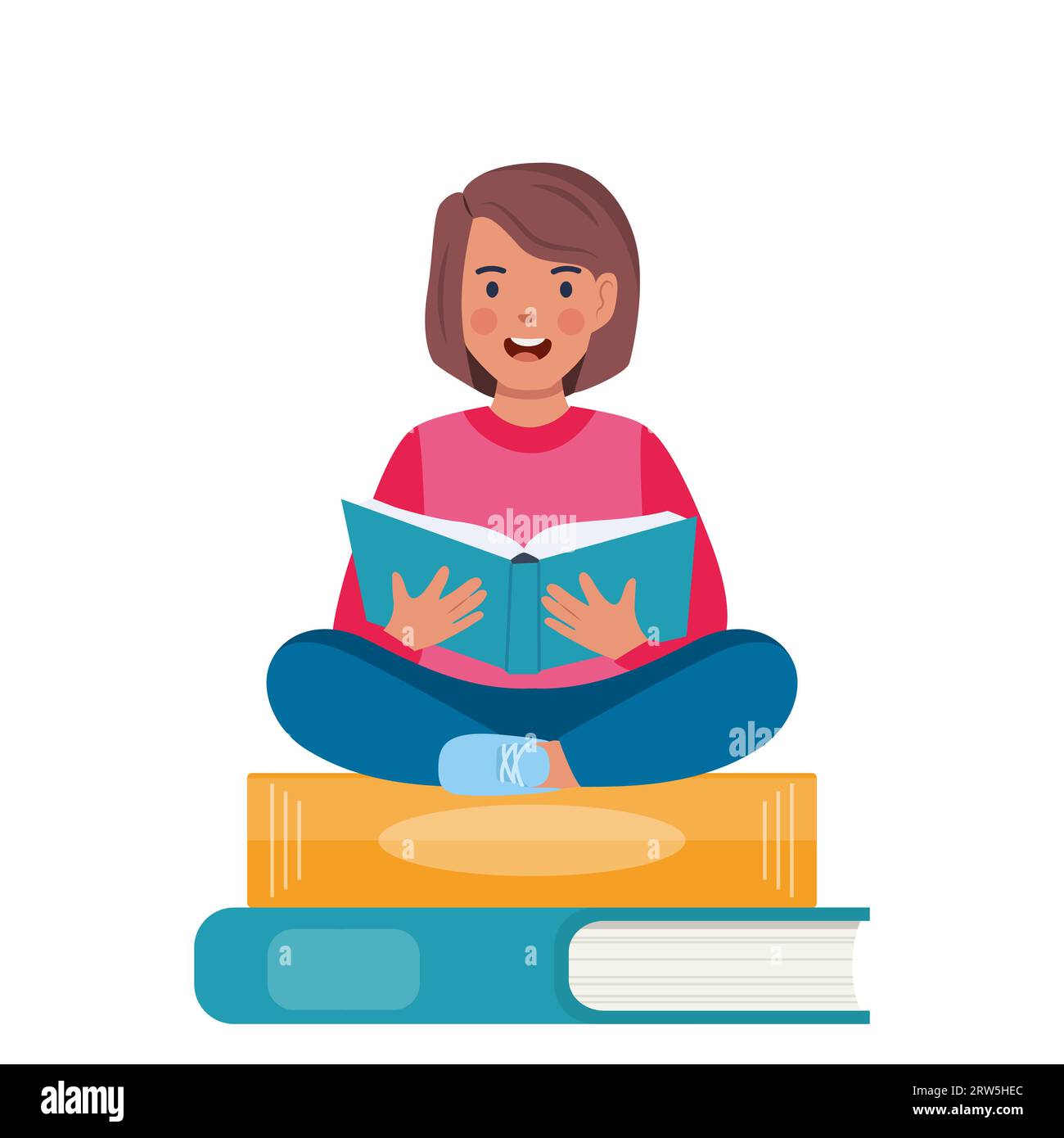 Girl sitting on the stack of books and reading book. Knowledge ...