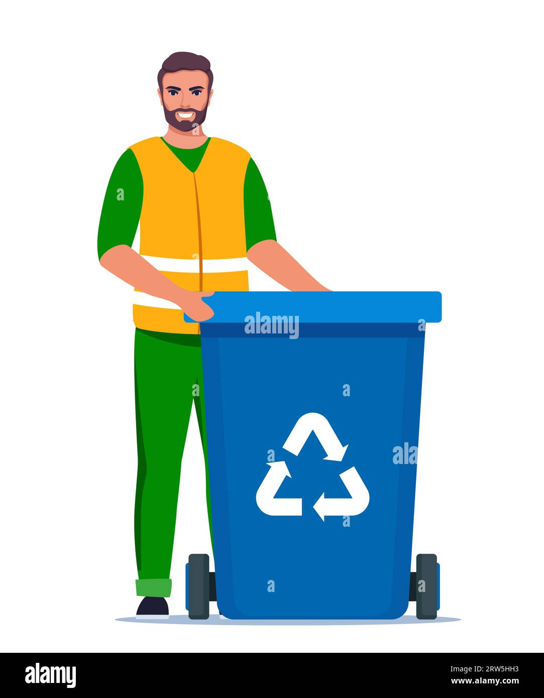 Garbage Man In Uniform With Blue Trash Bin And Recycling Symbol On It Garbage Sorting Zero