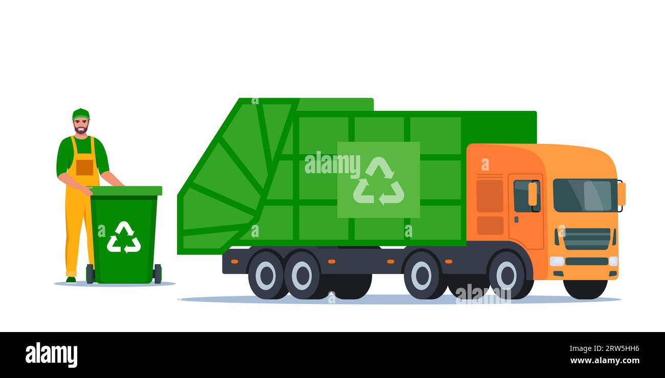 Garbage Truck And Sanitation Worker Garbage Man In Uniform With Trash Bin And Recycling Symbol